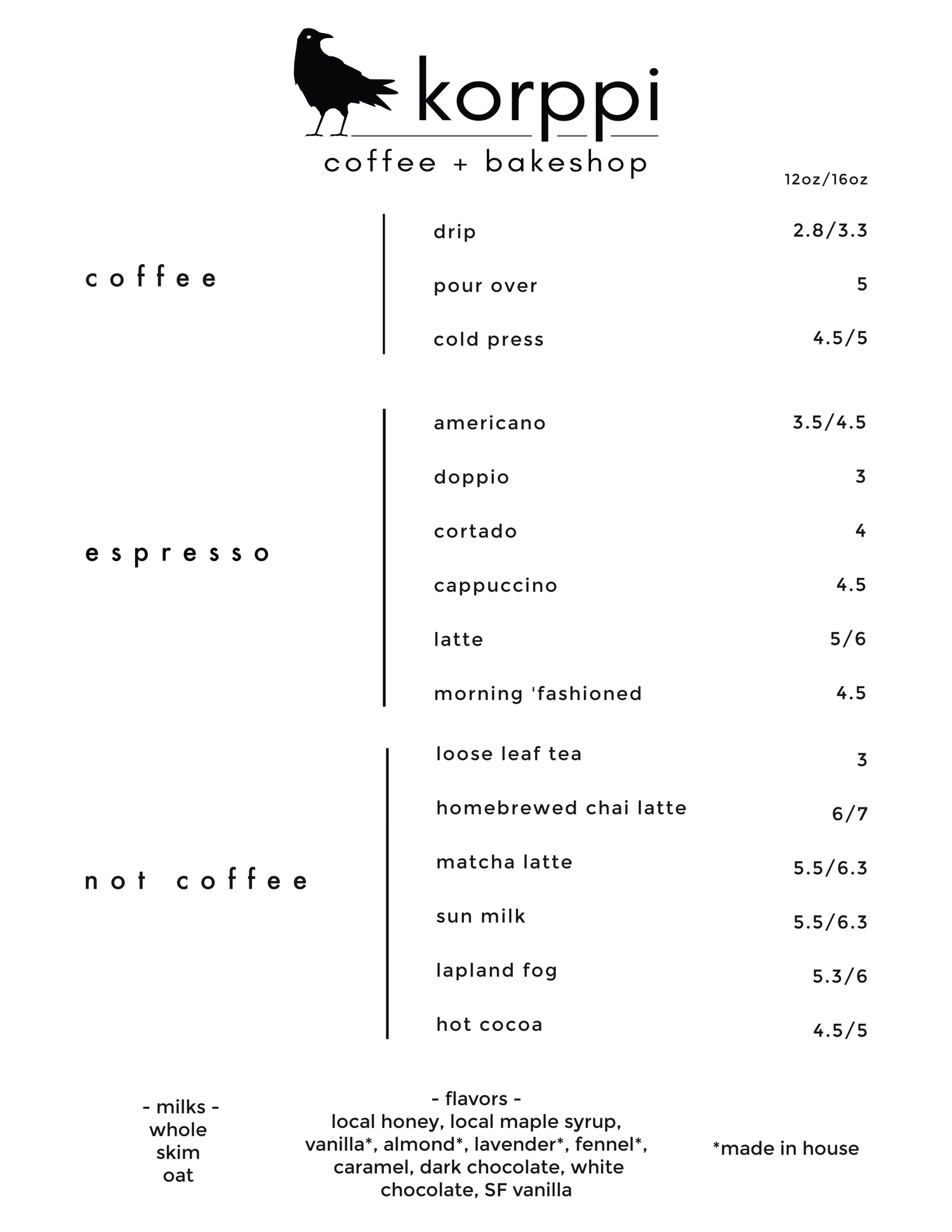 menu — Korppi Coffee + Bakeshop