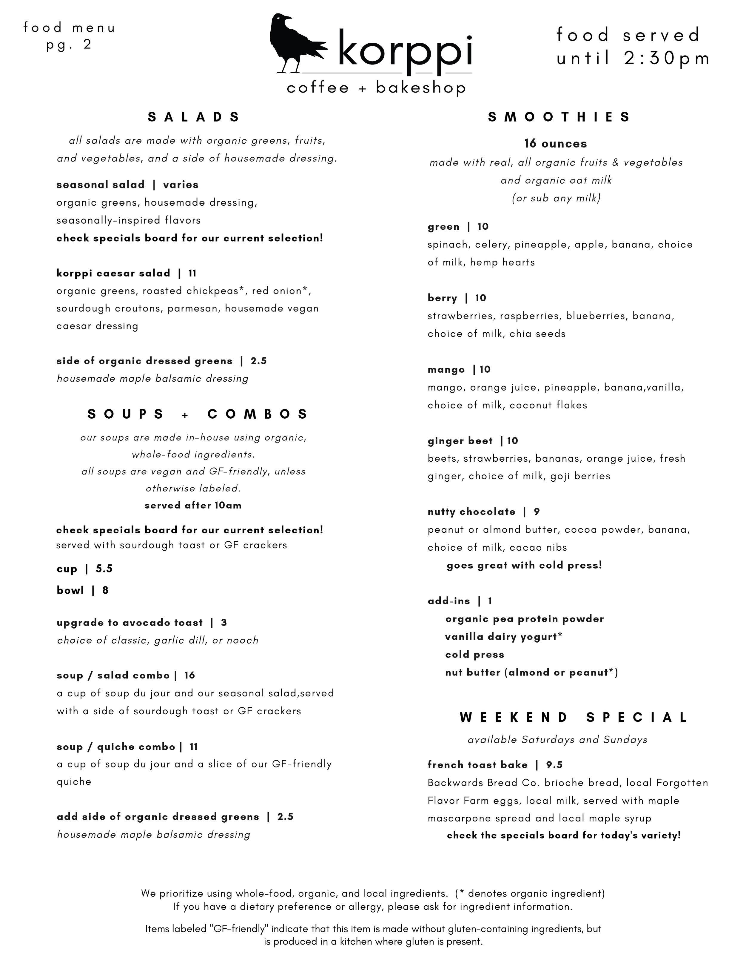 menu — Korppi Coffee + Bakeshop