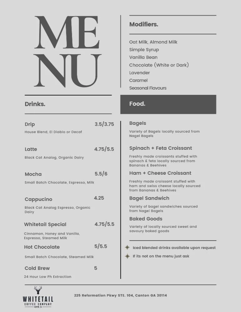 Menu — Whitetail Coffee Company