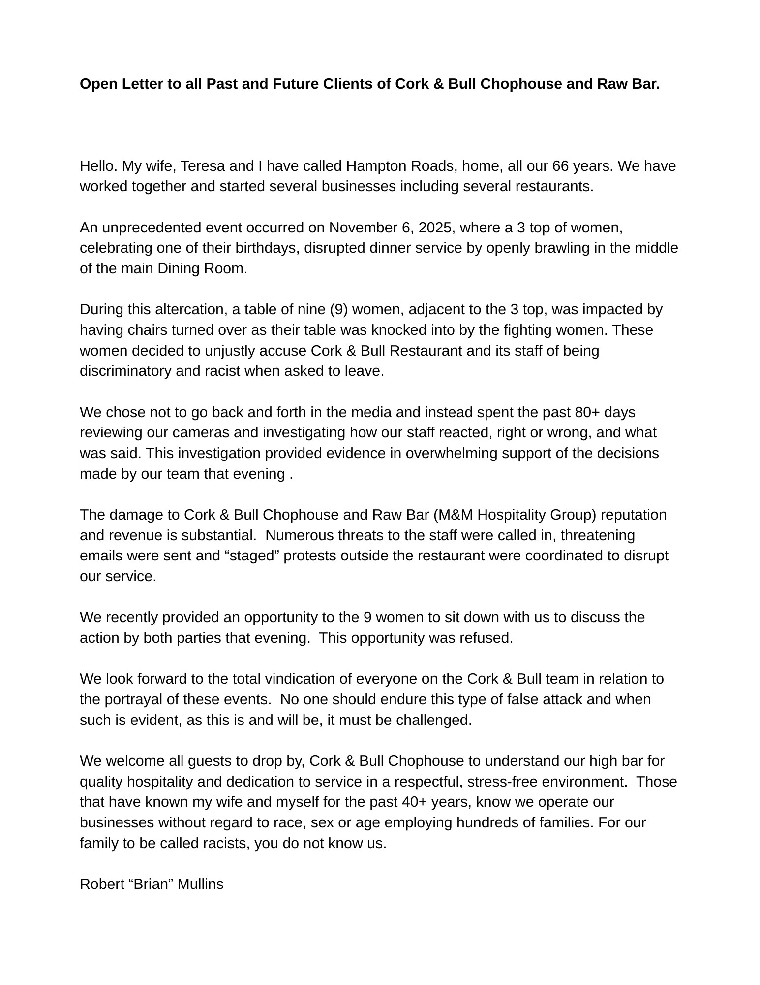 Official Statement | Cork & Bull Chophouse Addresses Recent Allegations ...