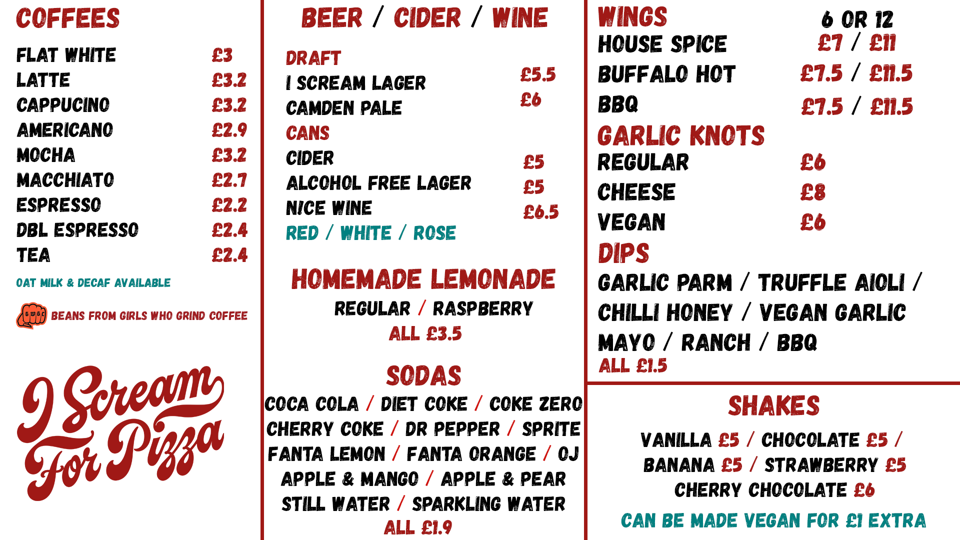 Menu - Newcastle Quayside — I Scream For Pizza