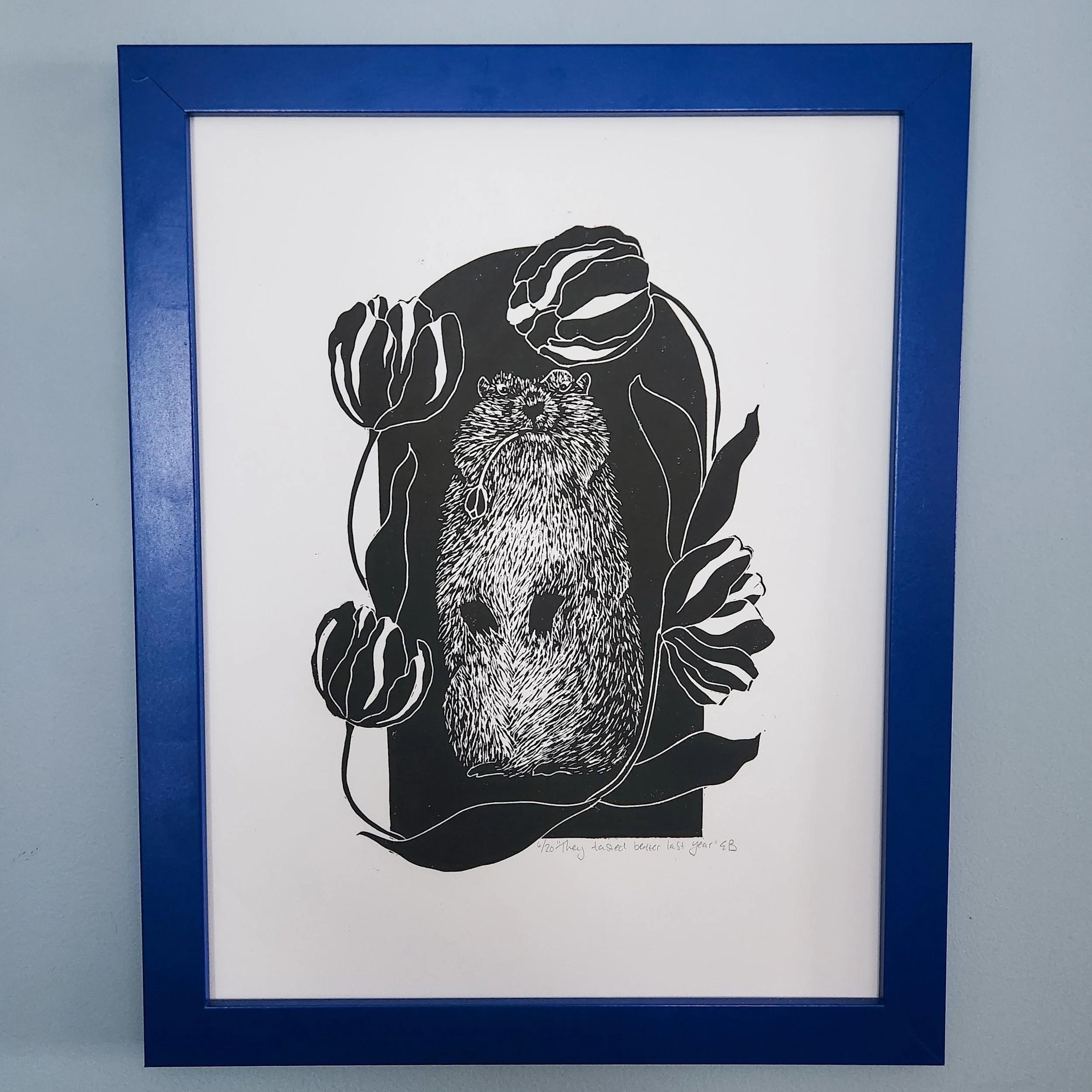 Floral Art Original Lino Print with Tulips and Groundhog — The Glad Suite