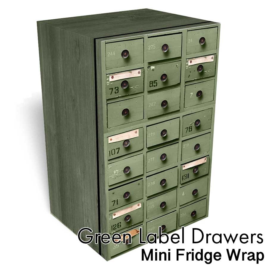 Green Labels Drawers Custom Printed Vinyl Mini Fridge Wrap