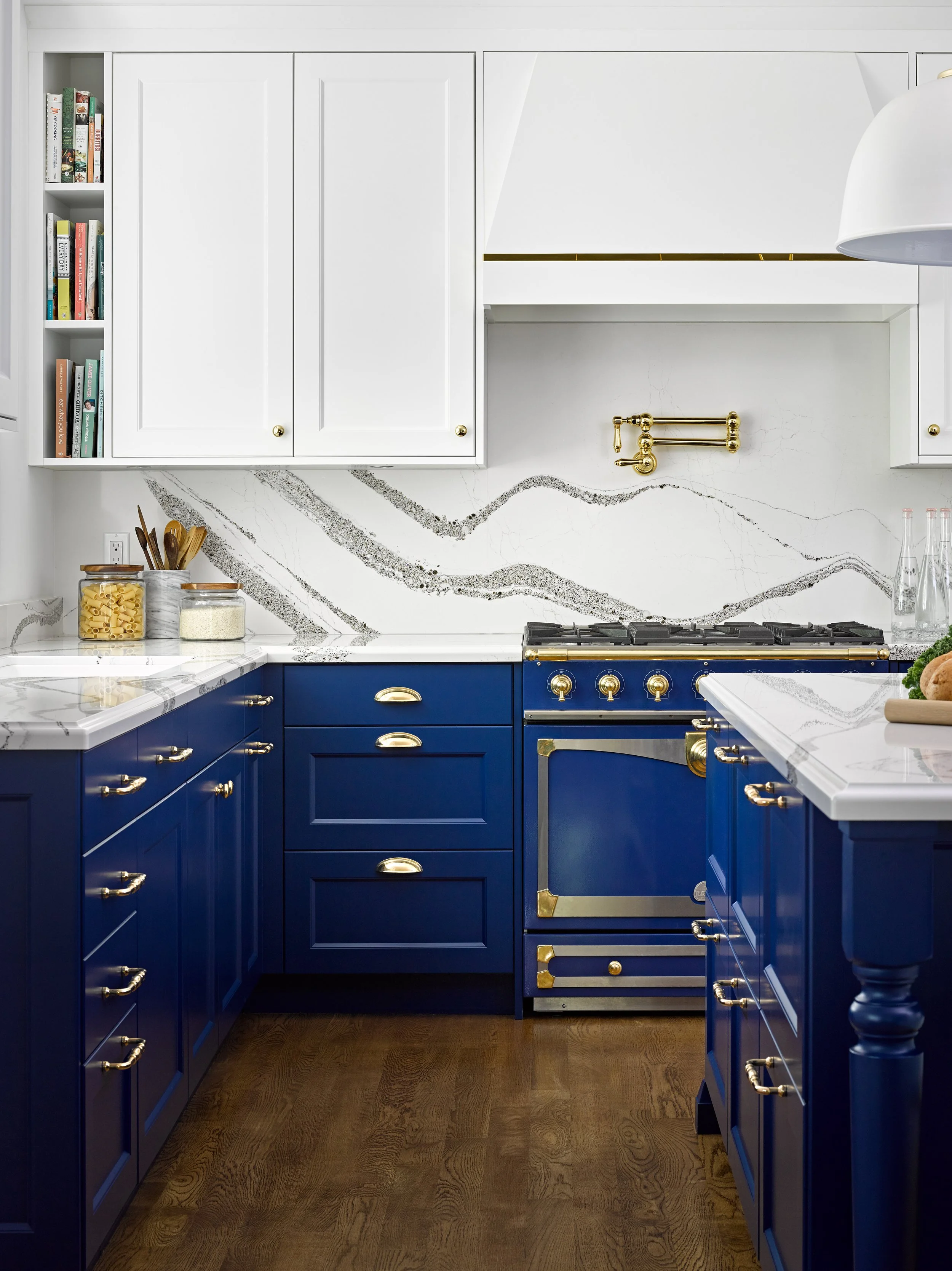 A classic example of french provincial royal blue kitchen featuring La ...