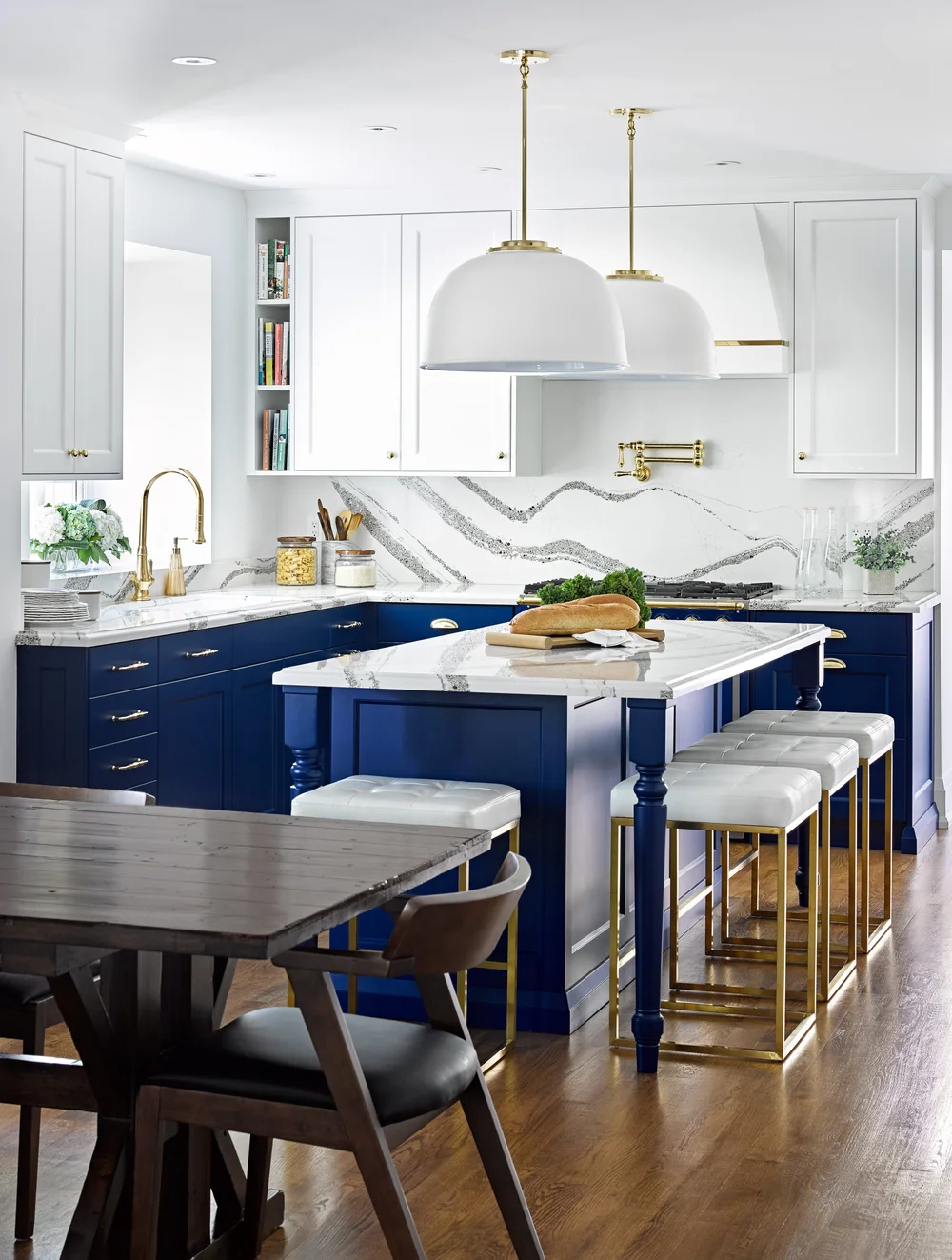 A classic example of french provincial royal blue kitchen featuring La ...