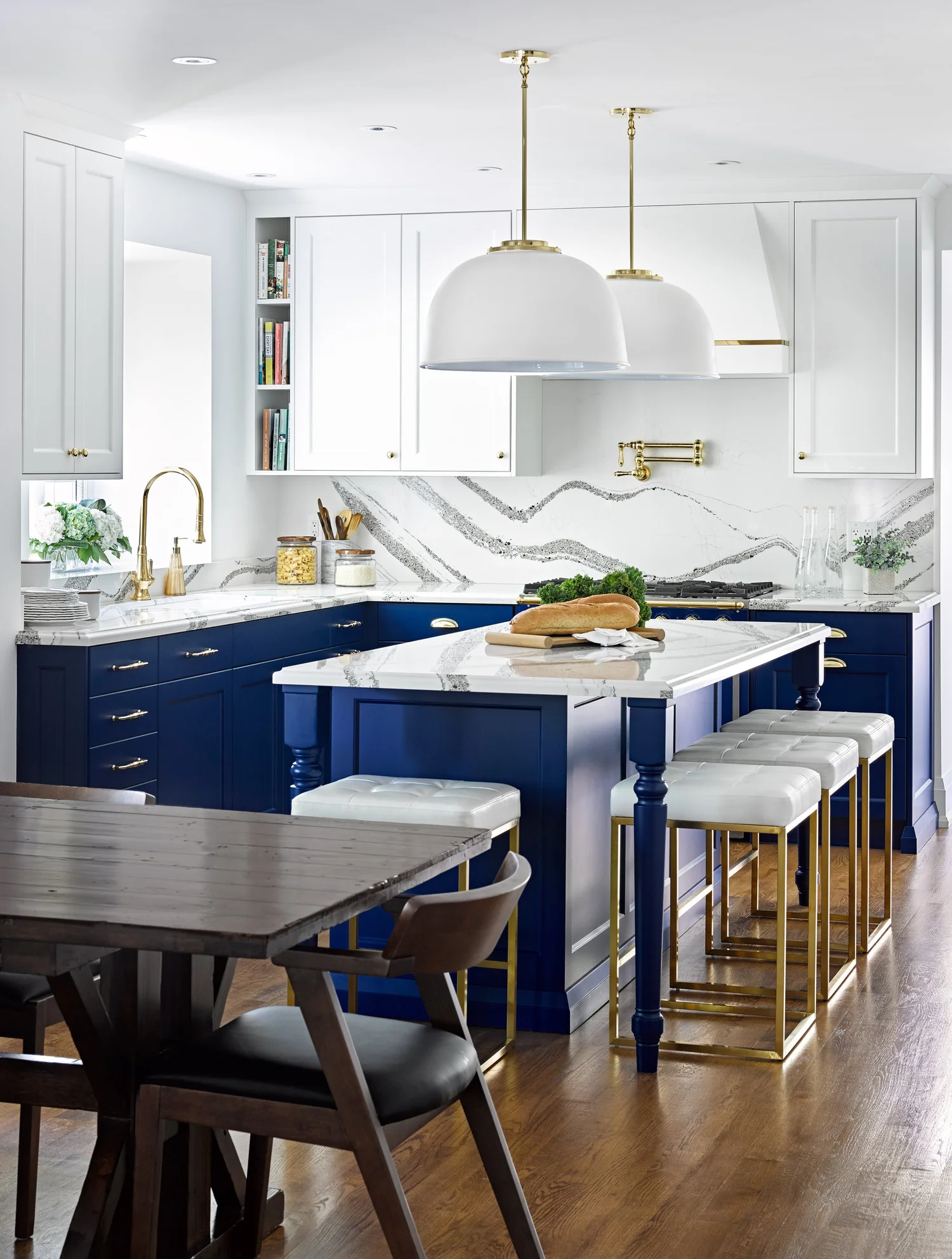 A classic example of french provincial royal blue kitchen featuring La ...