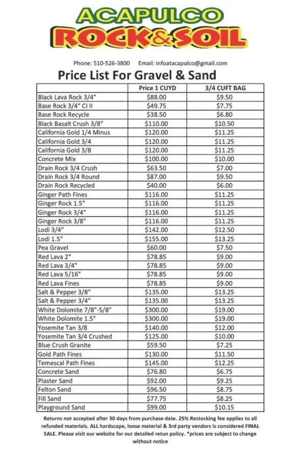Price Sheet — Acapulco Rock and Soil