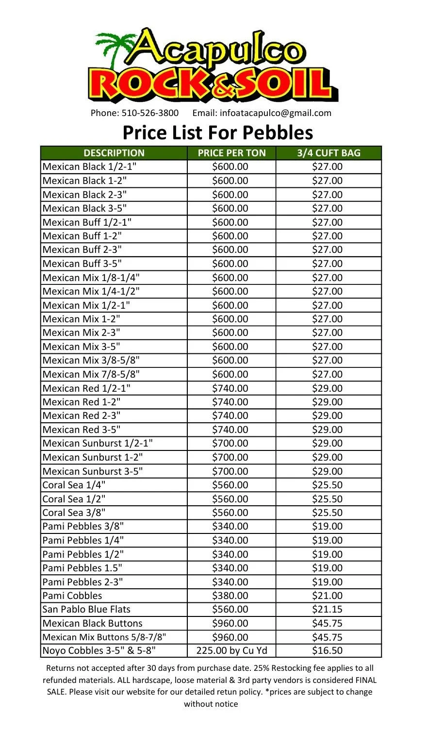 Price List — Acapulco Rock and Soil Topsoil and Gravel in Richmond, CA ...