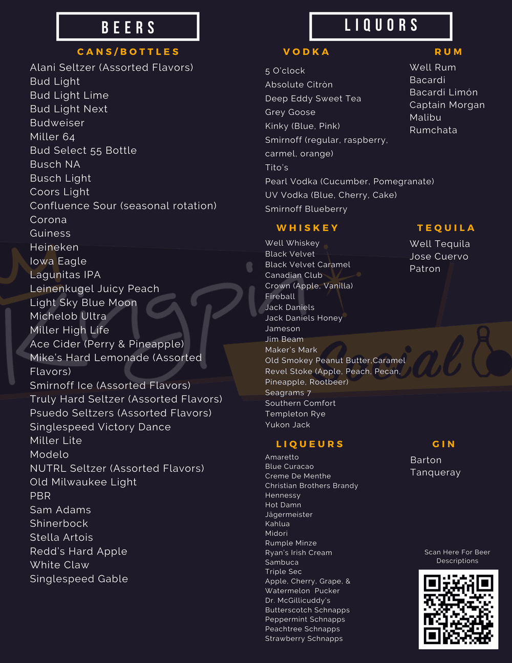 Kingpin Social Drink Menu