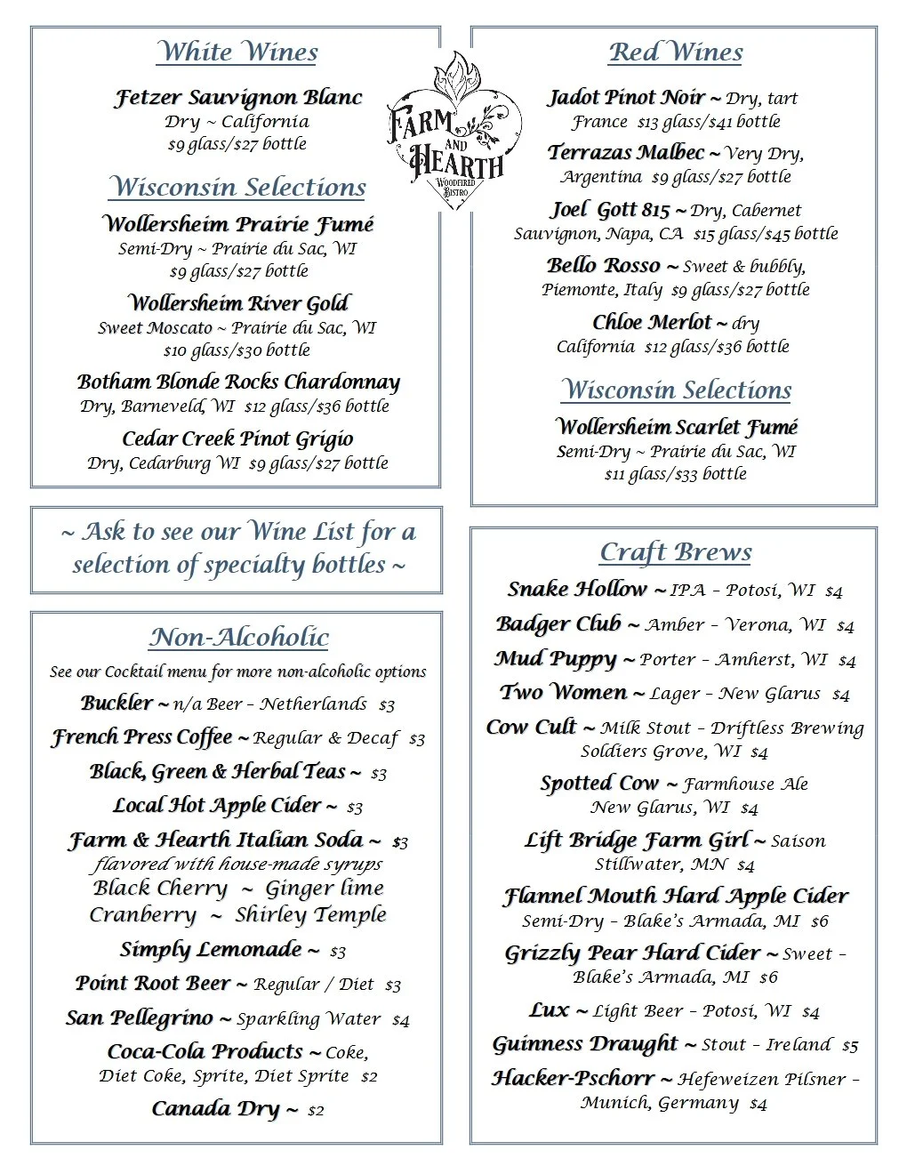 Menus — Farm And Hearth Woodfired Bistro