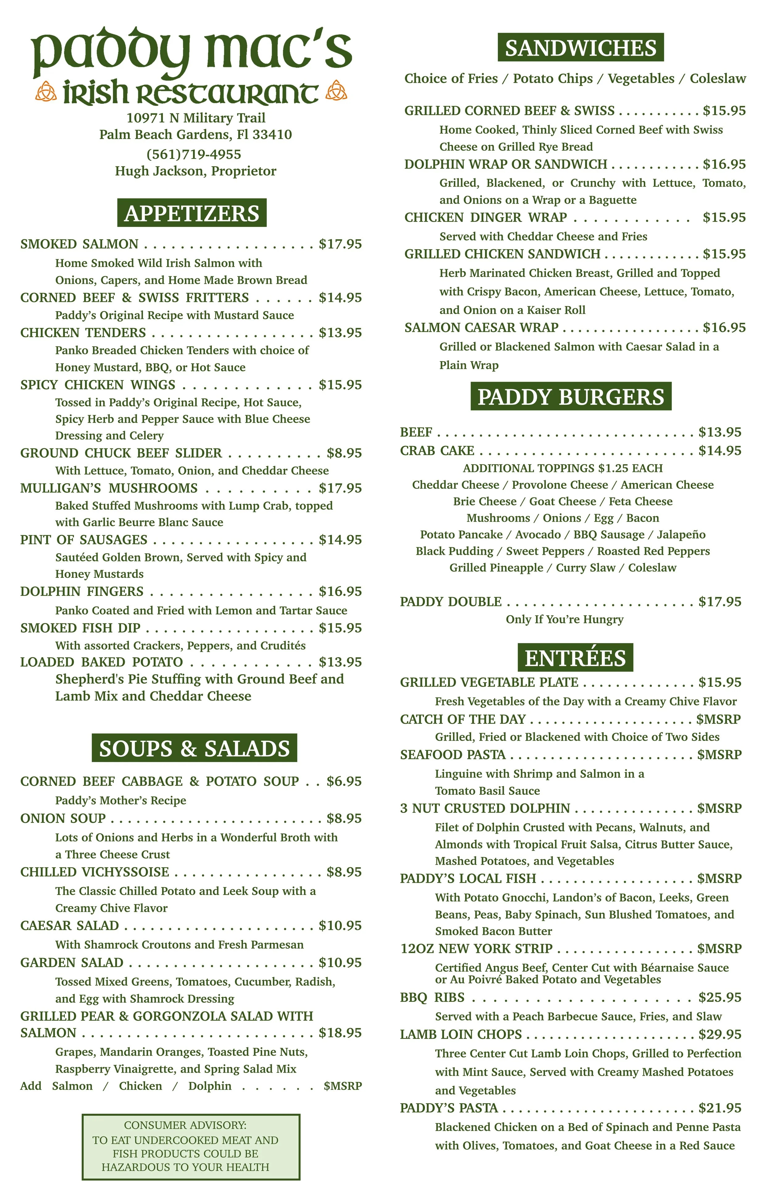 Menu — Paddy Mac's Irish Restaurant