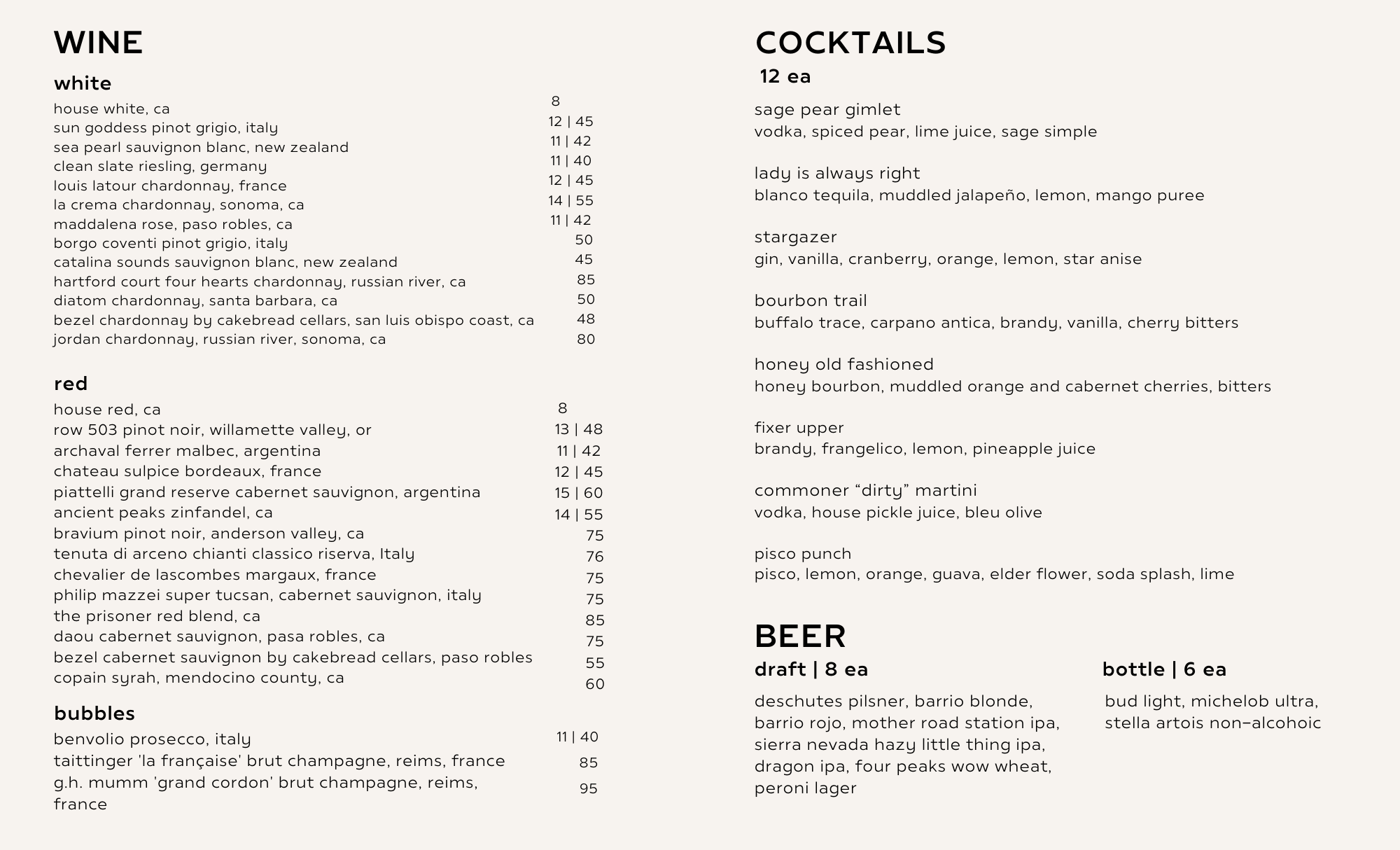 MENUS | Explore Our Selections — Commoner and Co