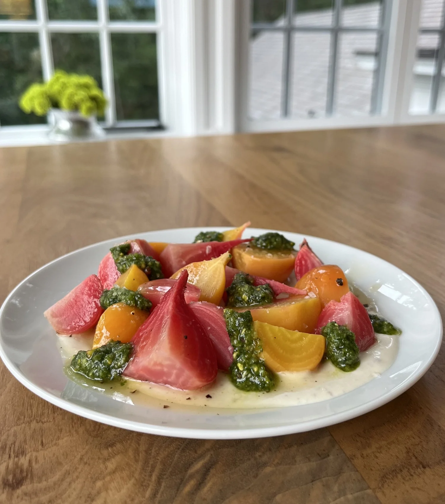 roasted heirloom beets with whipped goat cheese and pistachio pesto ...