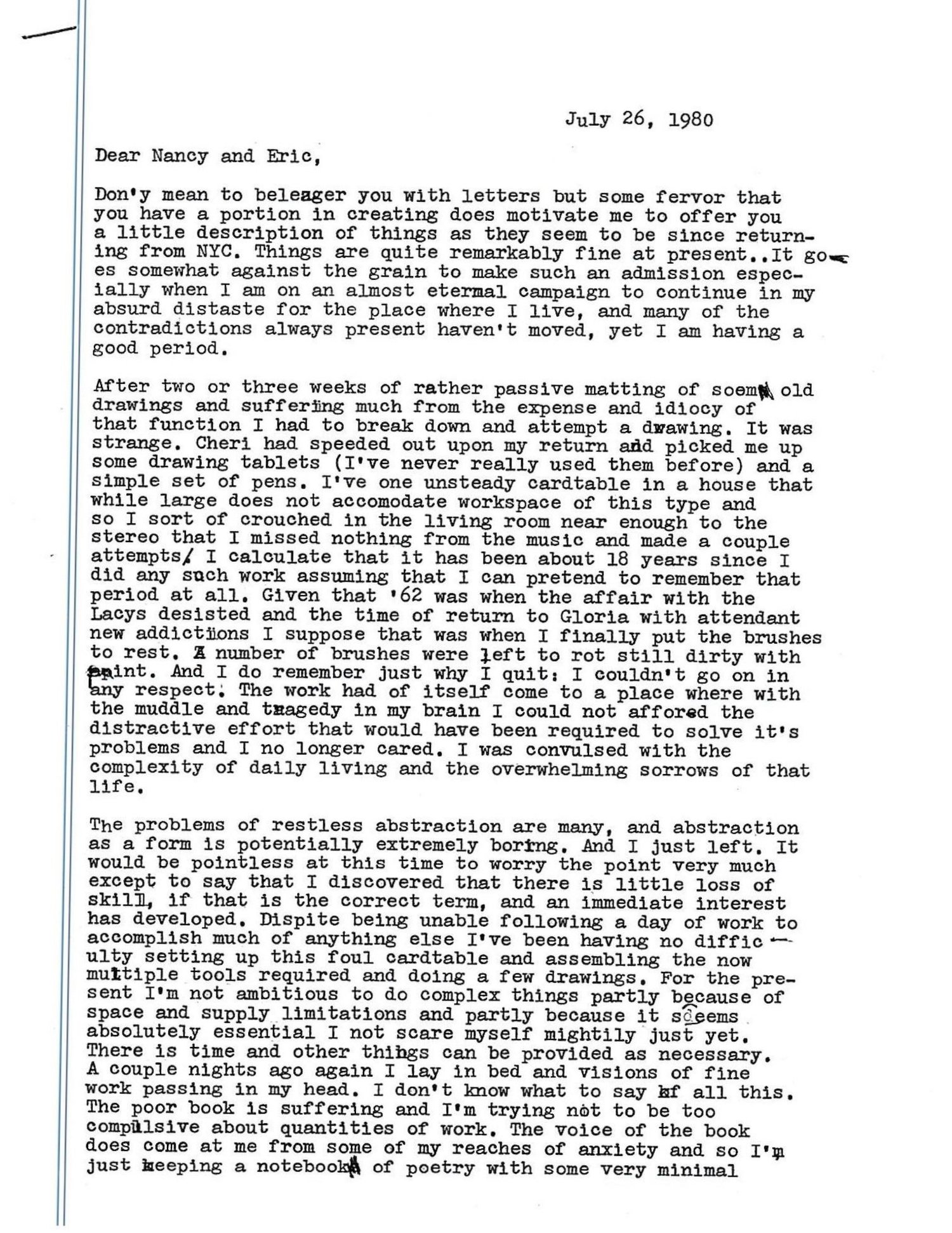 26 July 1980 - letter to Eric Lindbloom & Nancy Willard — Judith Lindbloom