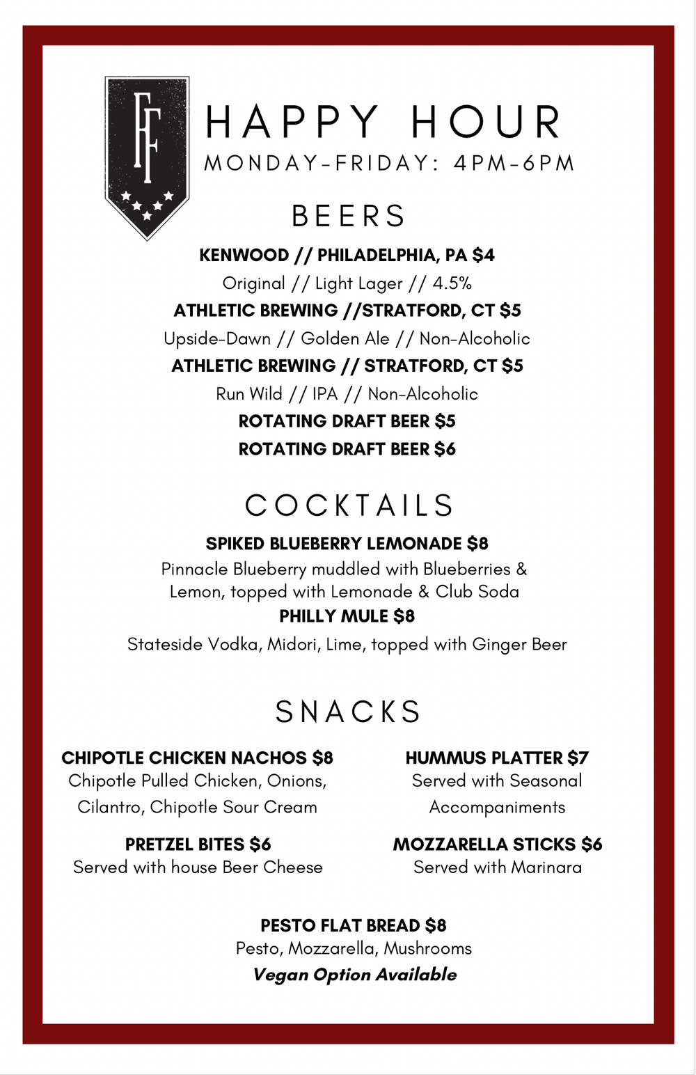 Happy Hour Menu — Founding Fathers Sports Bar