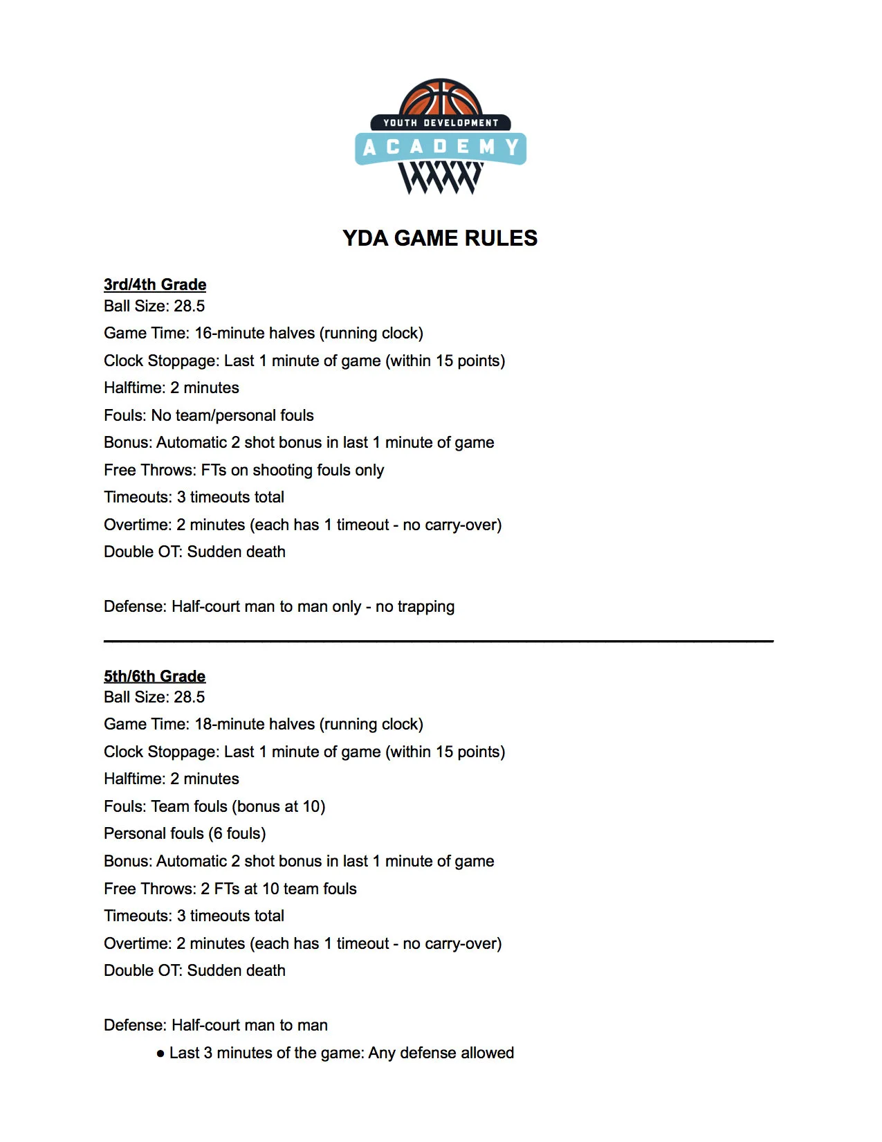 Game Rules — Youth Development Academy