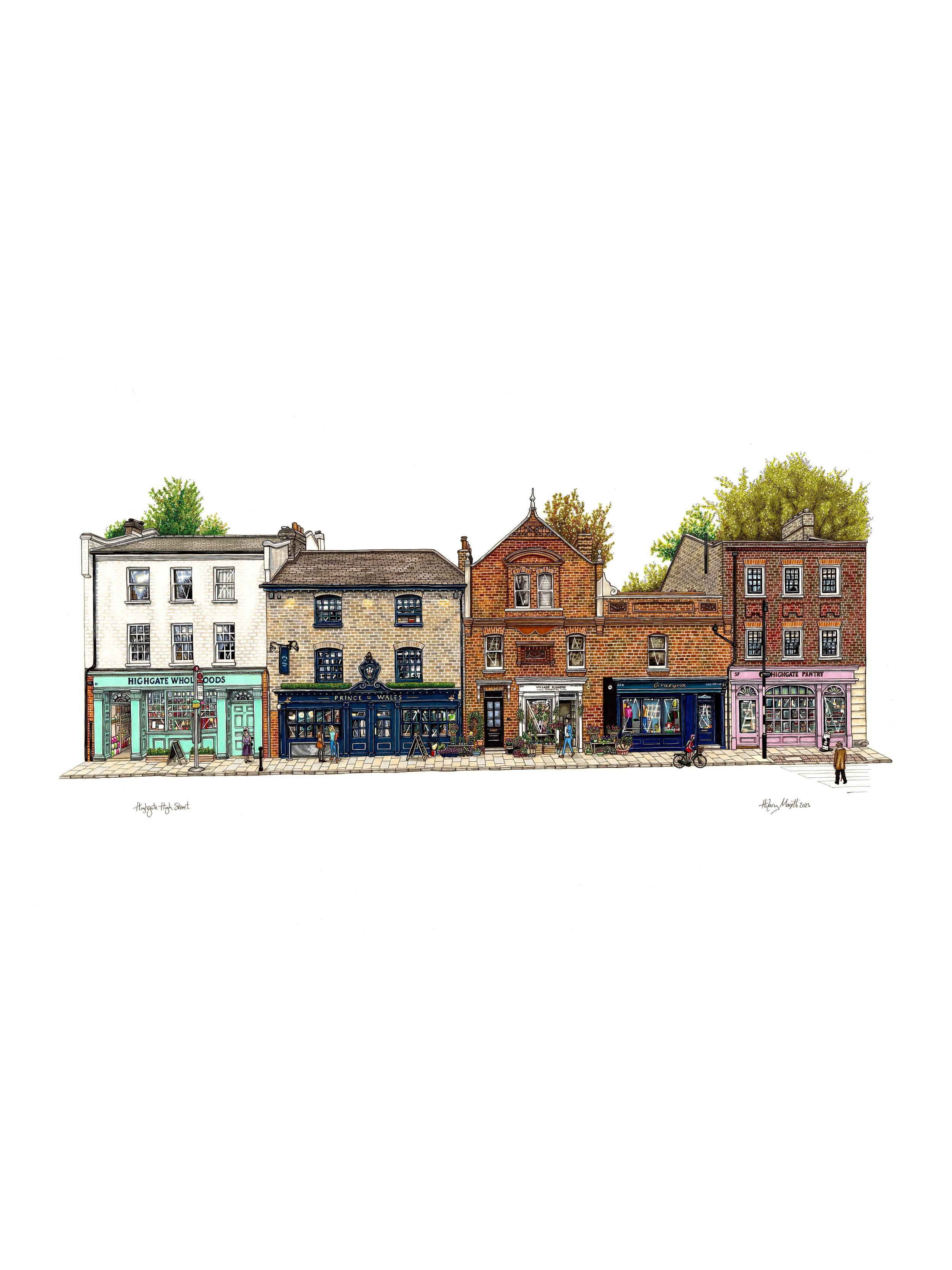 Highhgate High Street Giclee print by Hilary Sketches (artist Hilary ...