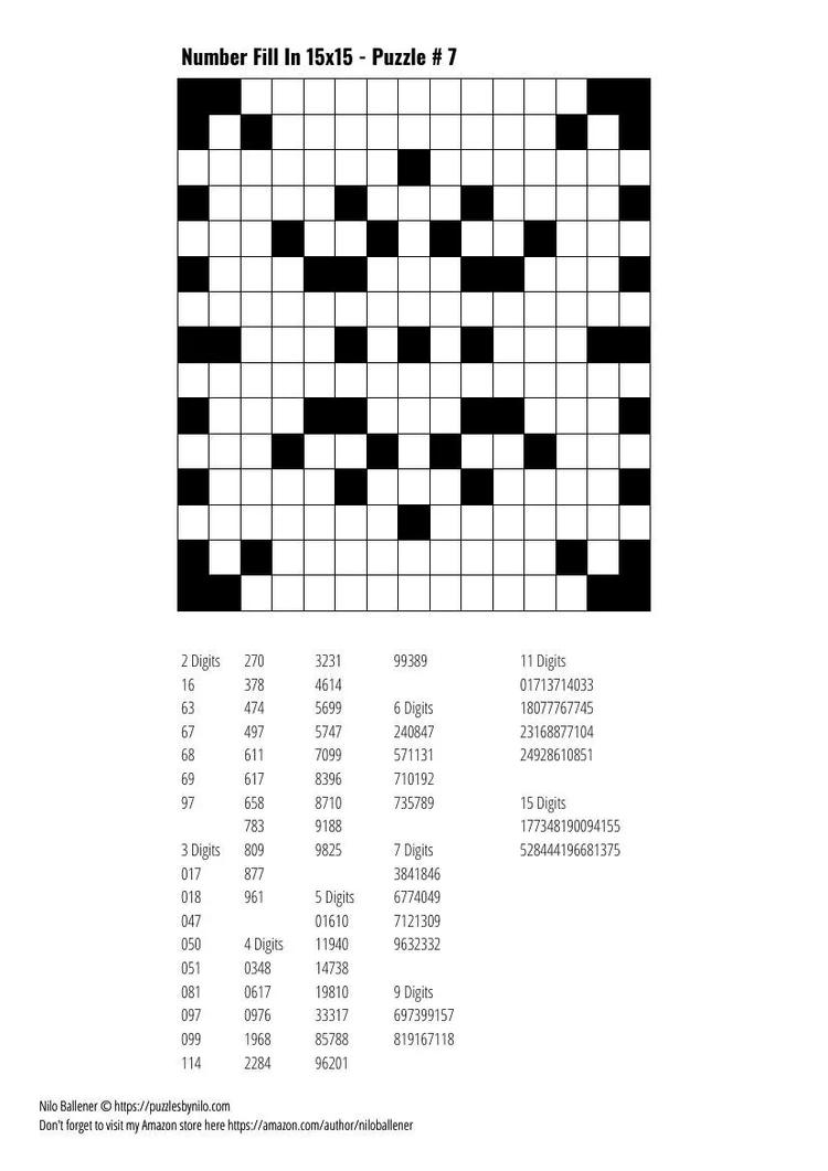 Free Downloadable Puzzle Number Fill In 15x15 # 7 — Puzzles By Nilo