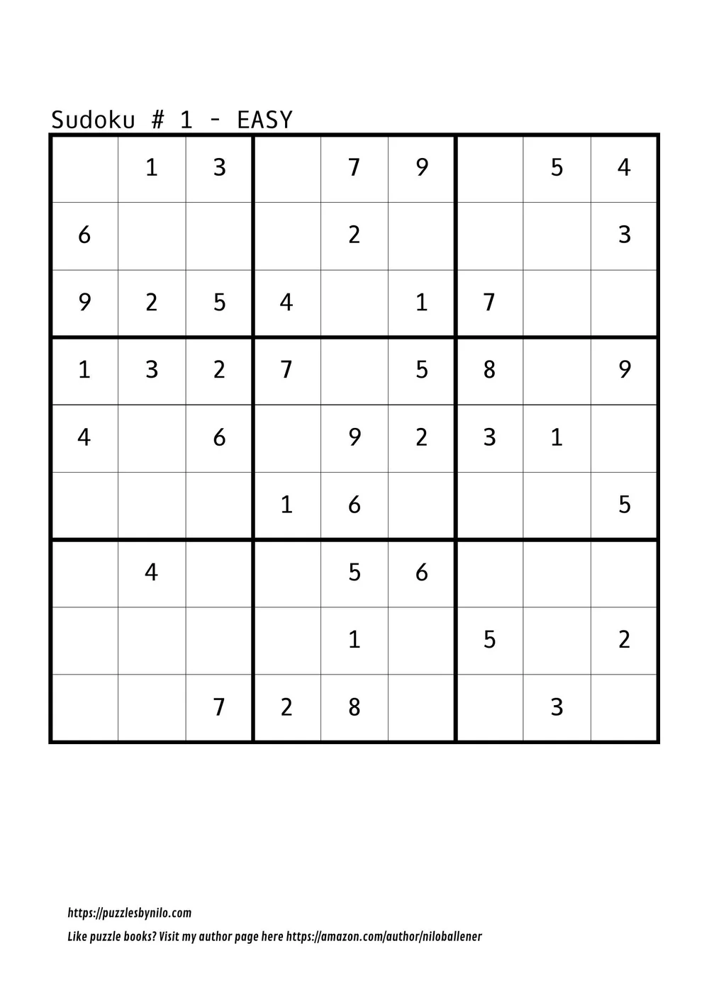 Free Downloadable Sudoku Puzzle Easy # 1 — Puzzles By Nilo