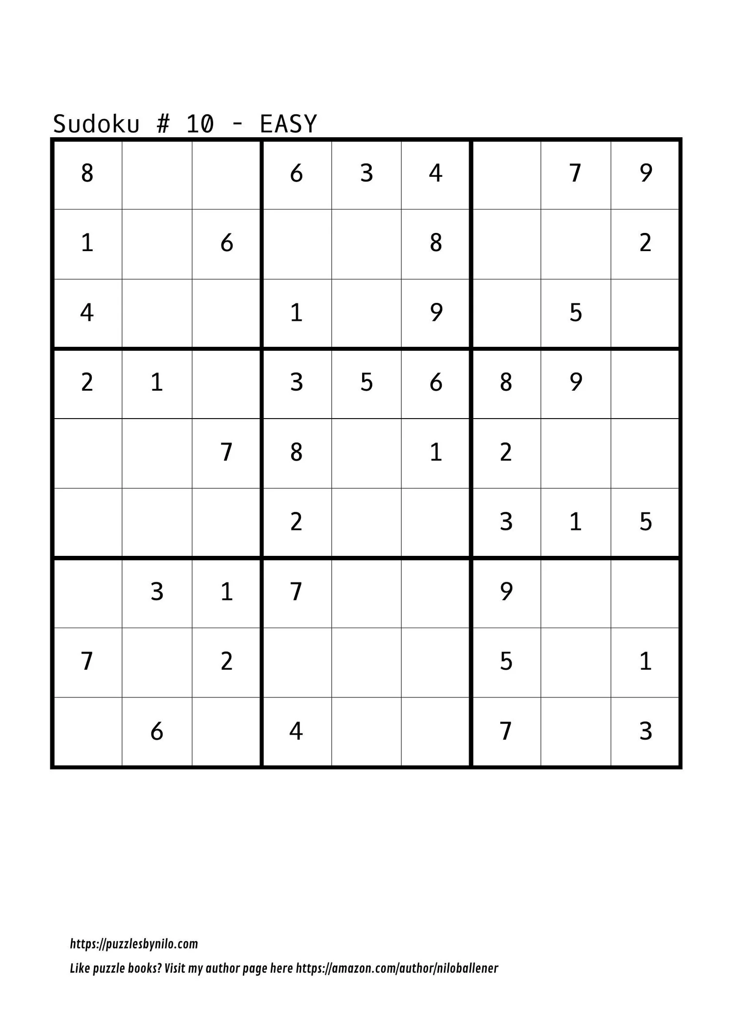 Free Downloadable Sudoku Puzzle Easy # 10 — Puzzles By Nilo