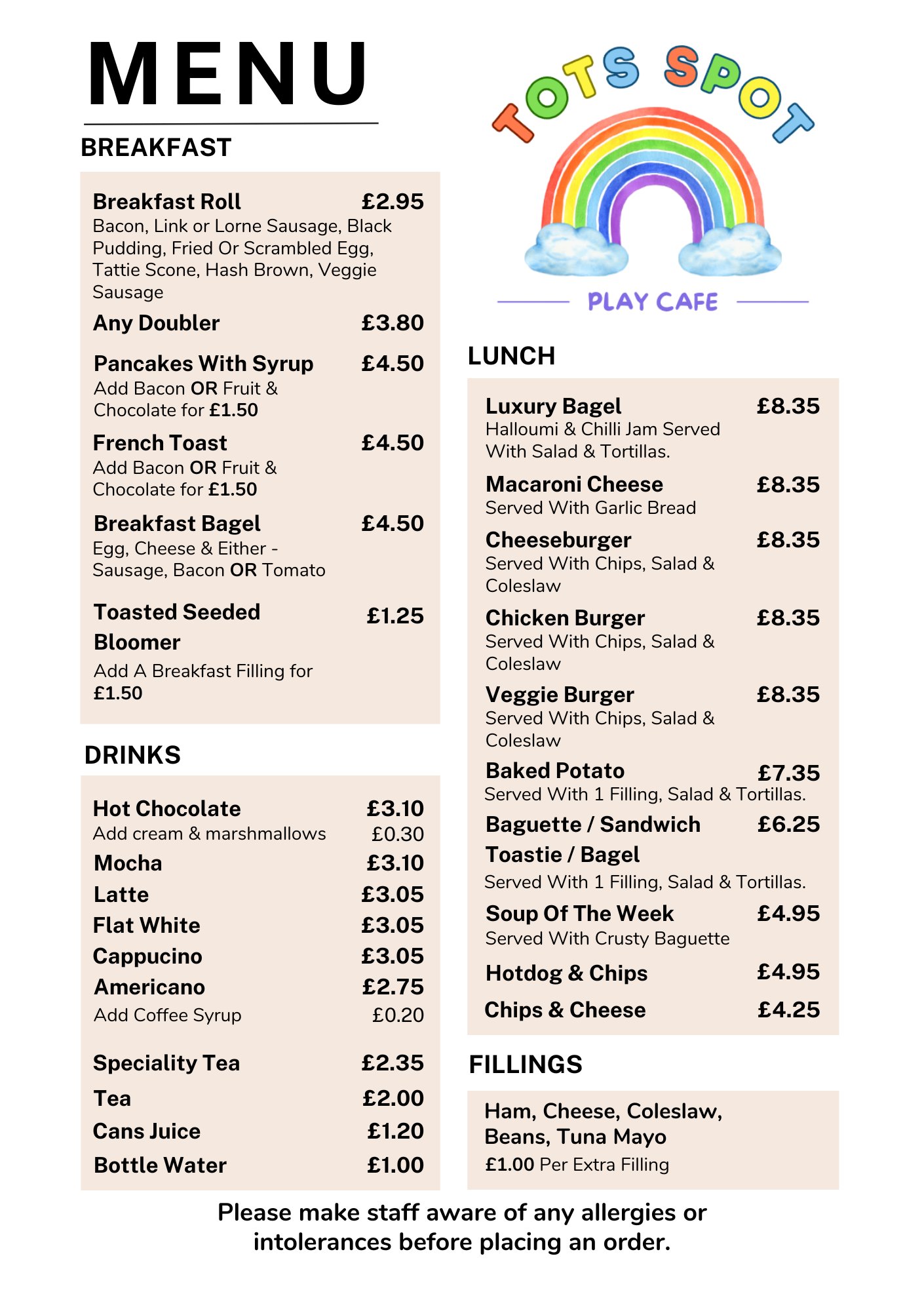 Menu — Tots Spot Play Cafe