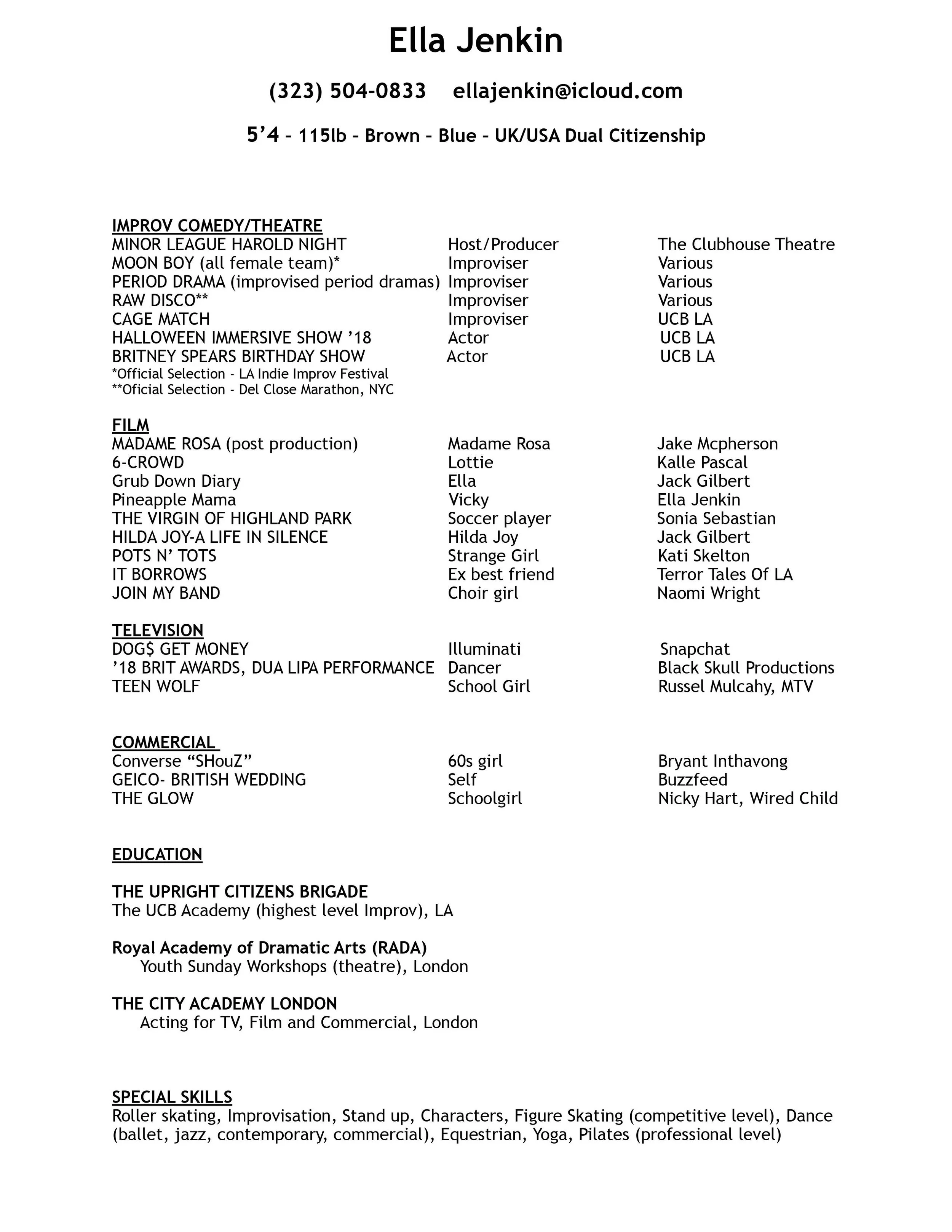 Acting resume — Ella Jenkin