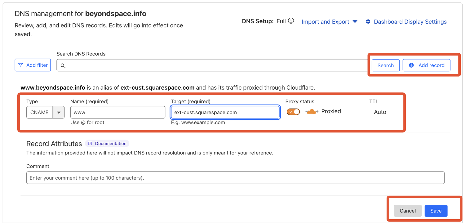 Link Cloudflare connected domain to Squarespace — Beyondspace