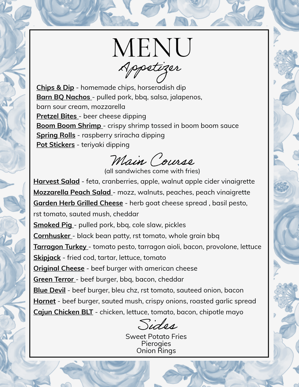 Menu — House and Barn