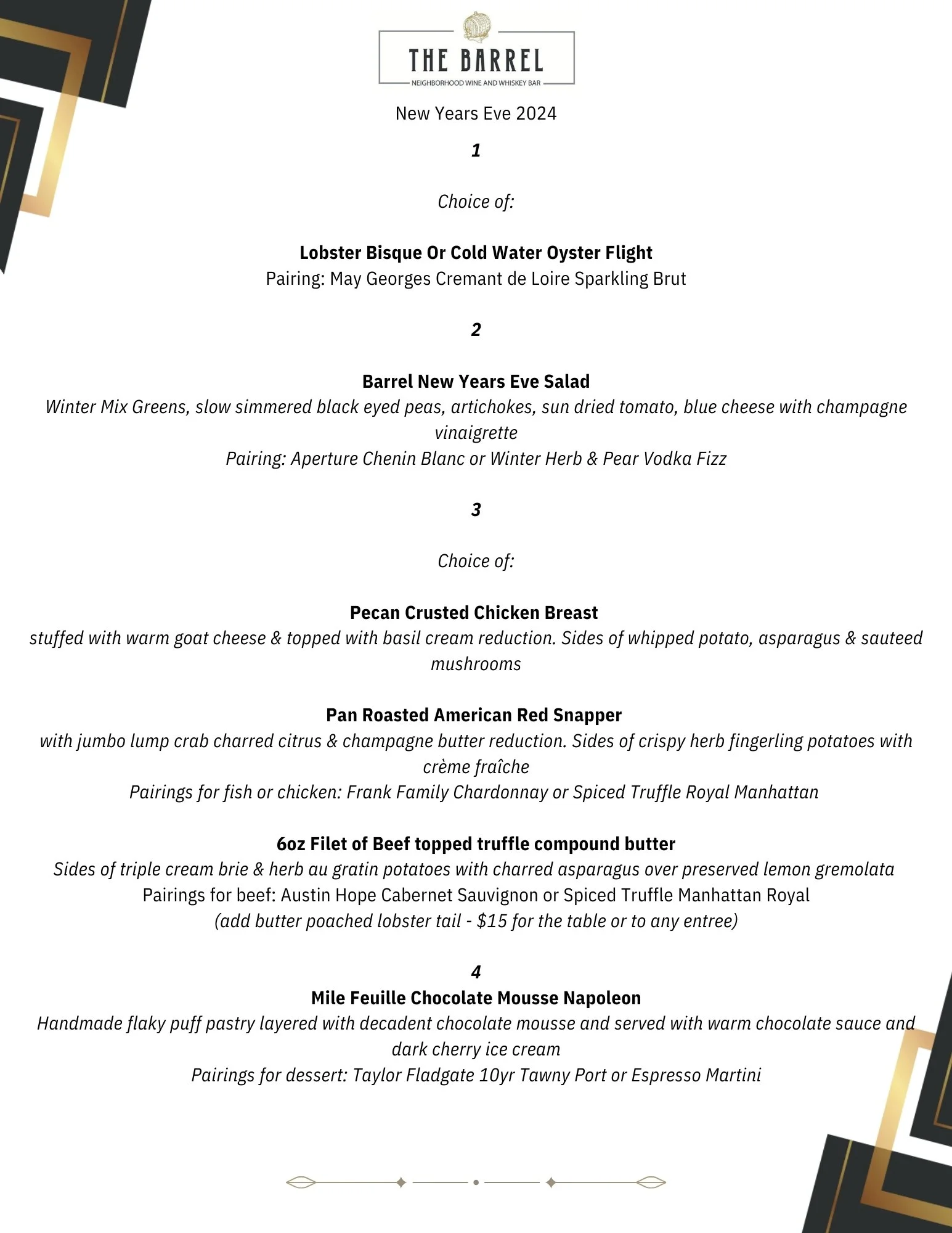 New Year’s Eve Pairing Dinner- LAte Seating — The Barrel Bar