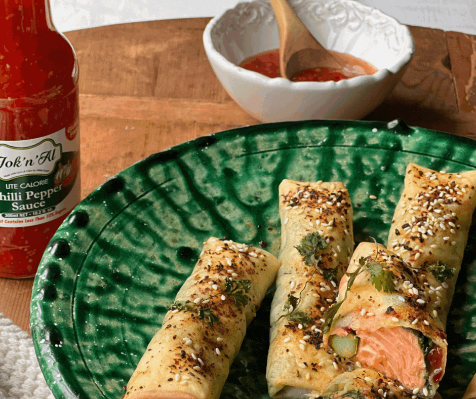 Salmon and Asparagus Spring Rolls with Jok ‘n’ Al Chilli Pepper Sauce ...