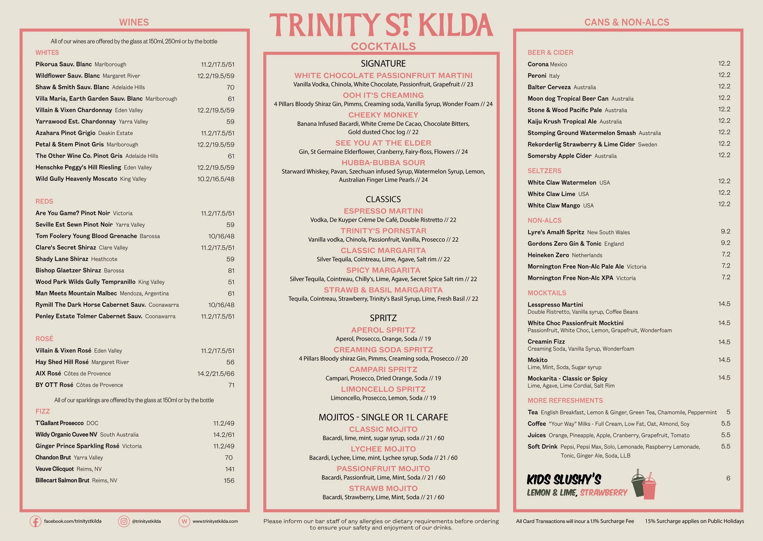 Cocktail & Wine List - Trinity St Kilda