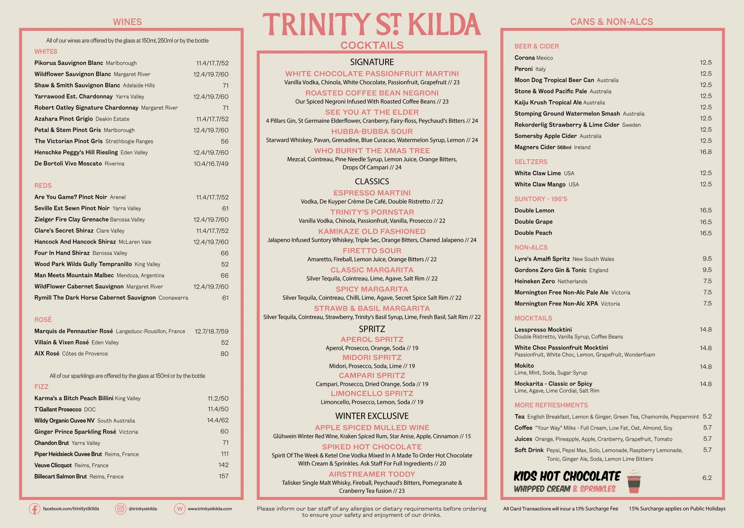 Cocktail & Wine List - Trinity St Kilda