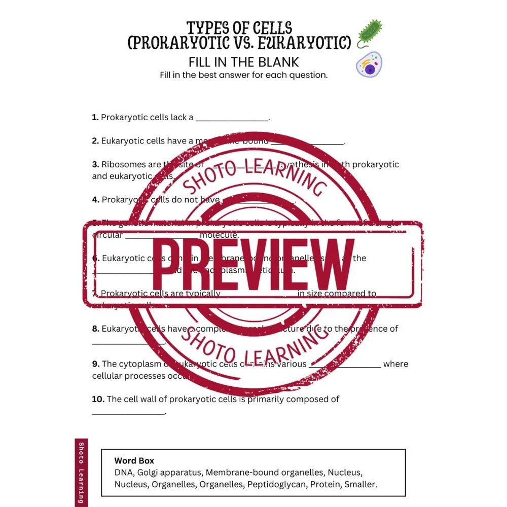 Cell Biology Worksheets – Prokaryotic & Eukaryotic