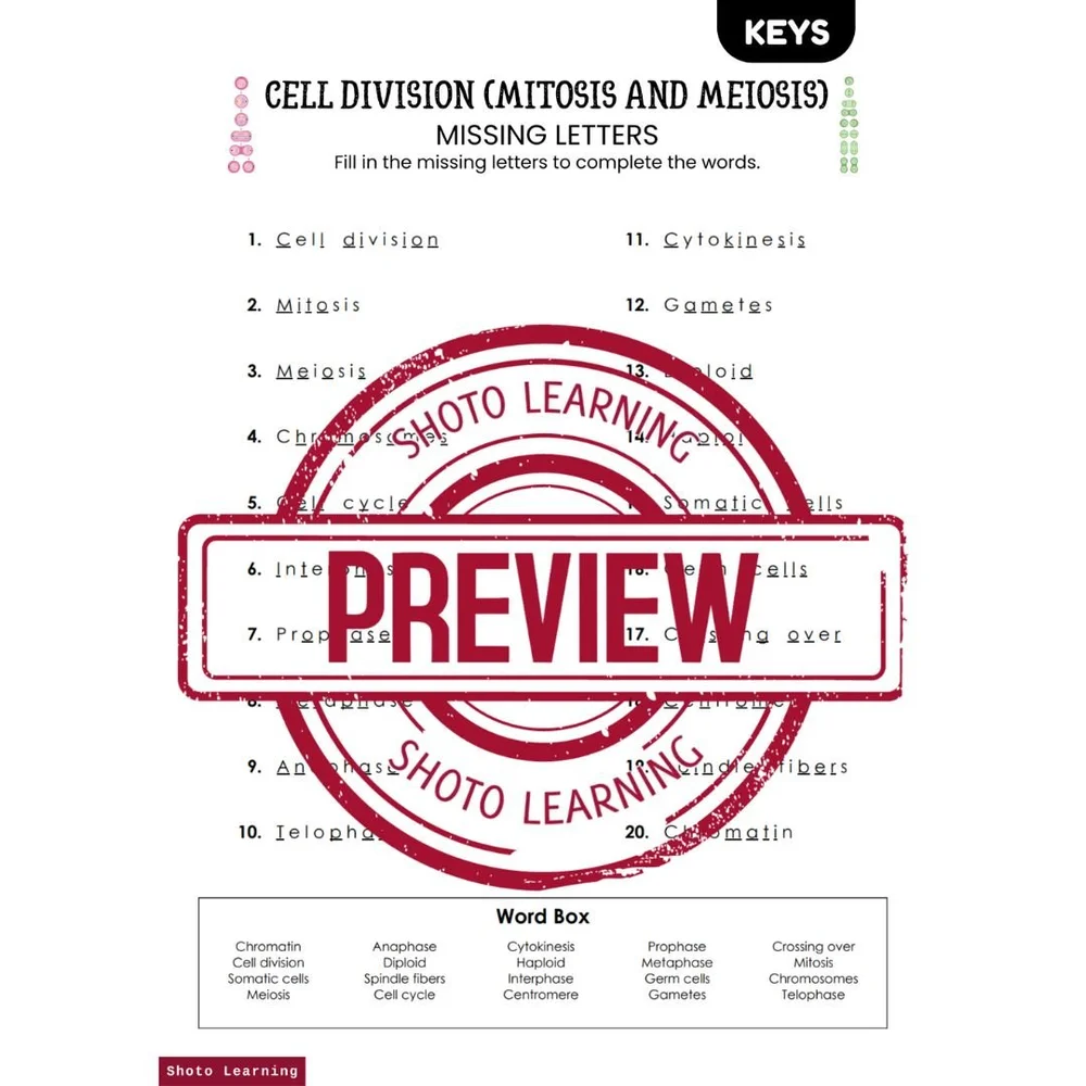 Cell Division Word Search: Mitosis & Meiosis Worksheet