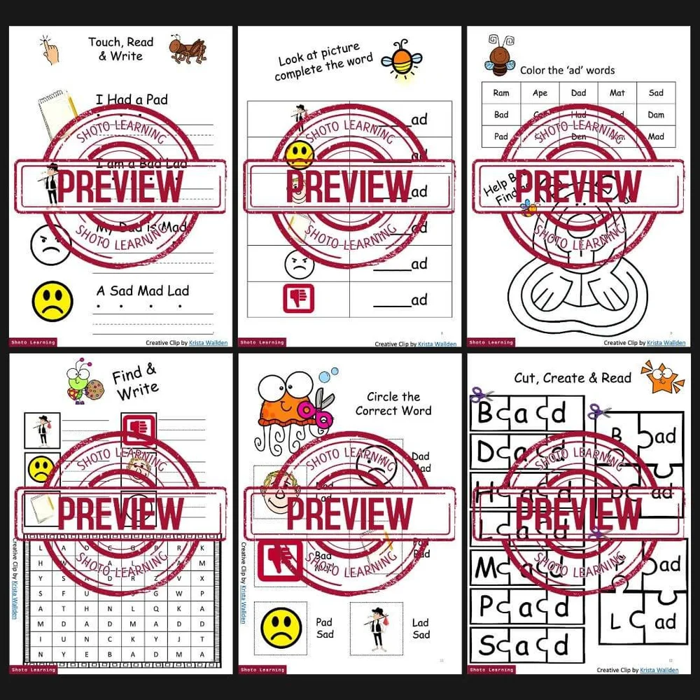 EN Word Family CVC Blend Worksheet Bundle for Speaking, Reading & Writing