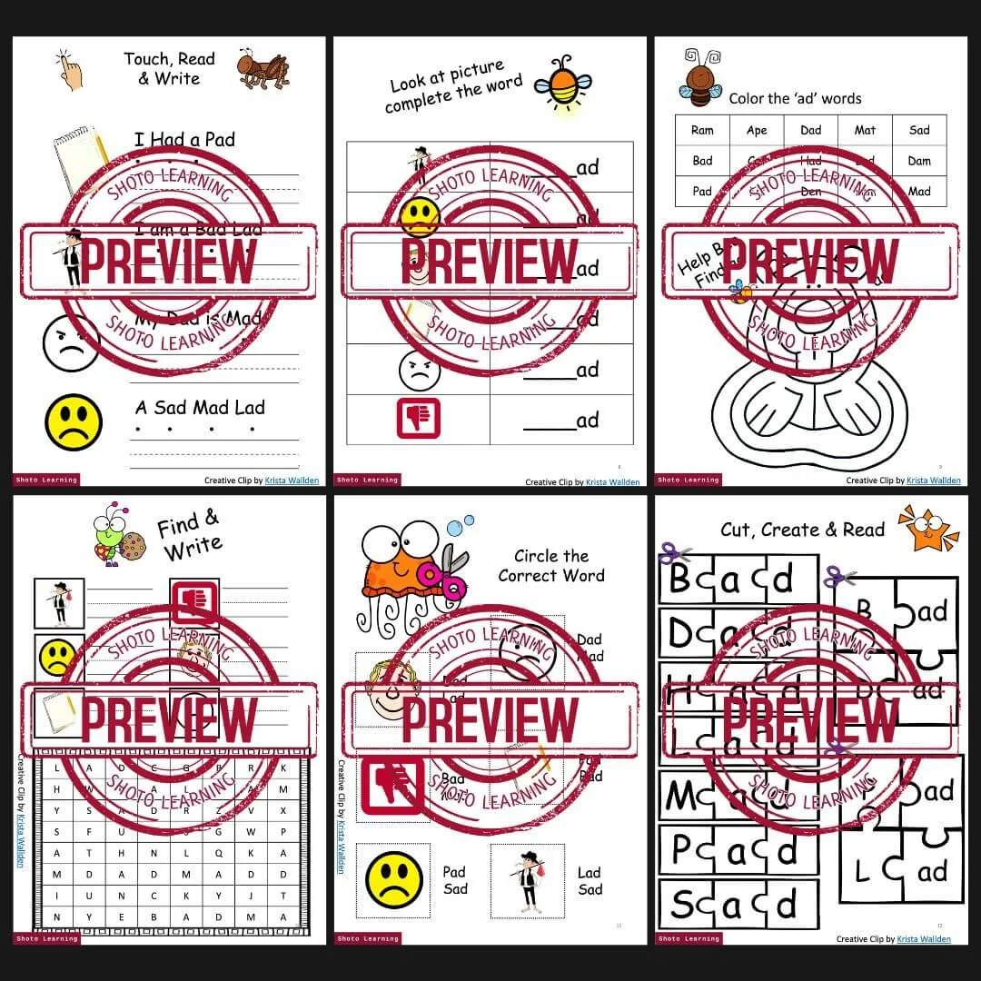 EN Word Family CVC Blend Worksheet Bundle for Speaking, Reading & Writing