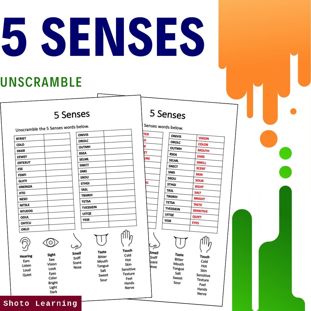 5 Senses — Shoto Learning | English | Math | Science Worksheets