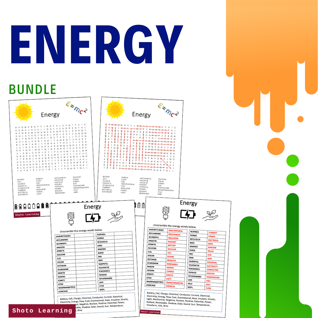 ENERGY SCIENCE ACTIVITY - BUNDLE WORD FIND SEARCH SCRAMBLE WORDS ...