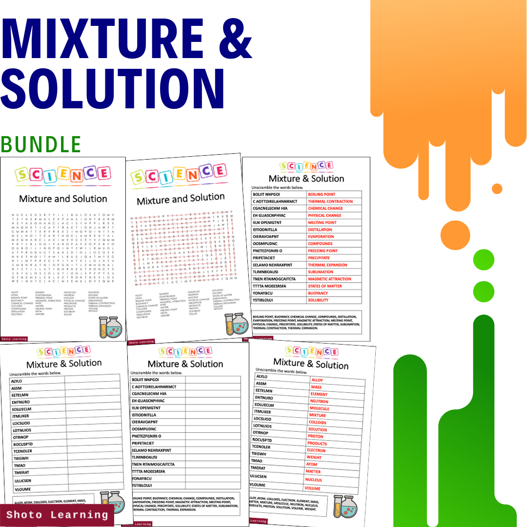 MIXTURE AND SOLUTION SCIENCE ACTIVITY - BUNDLE WORD FIND SCRAMBLE WORDS ...