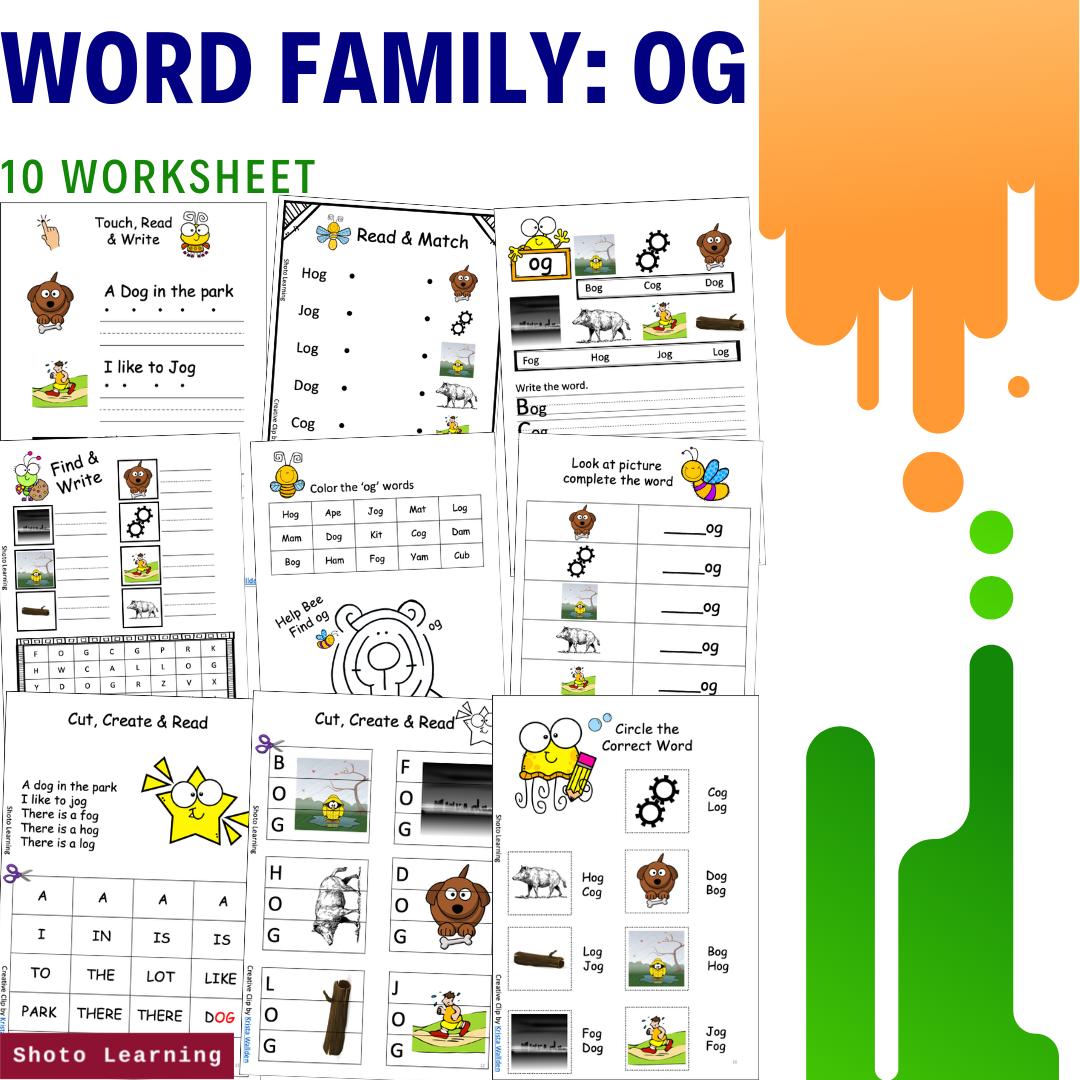 OG WORD FAMILY CVC BLEND WORKSHEET SPEAKING READING & WRITING 3 LETTERS ...