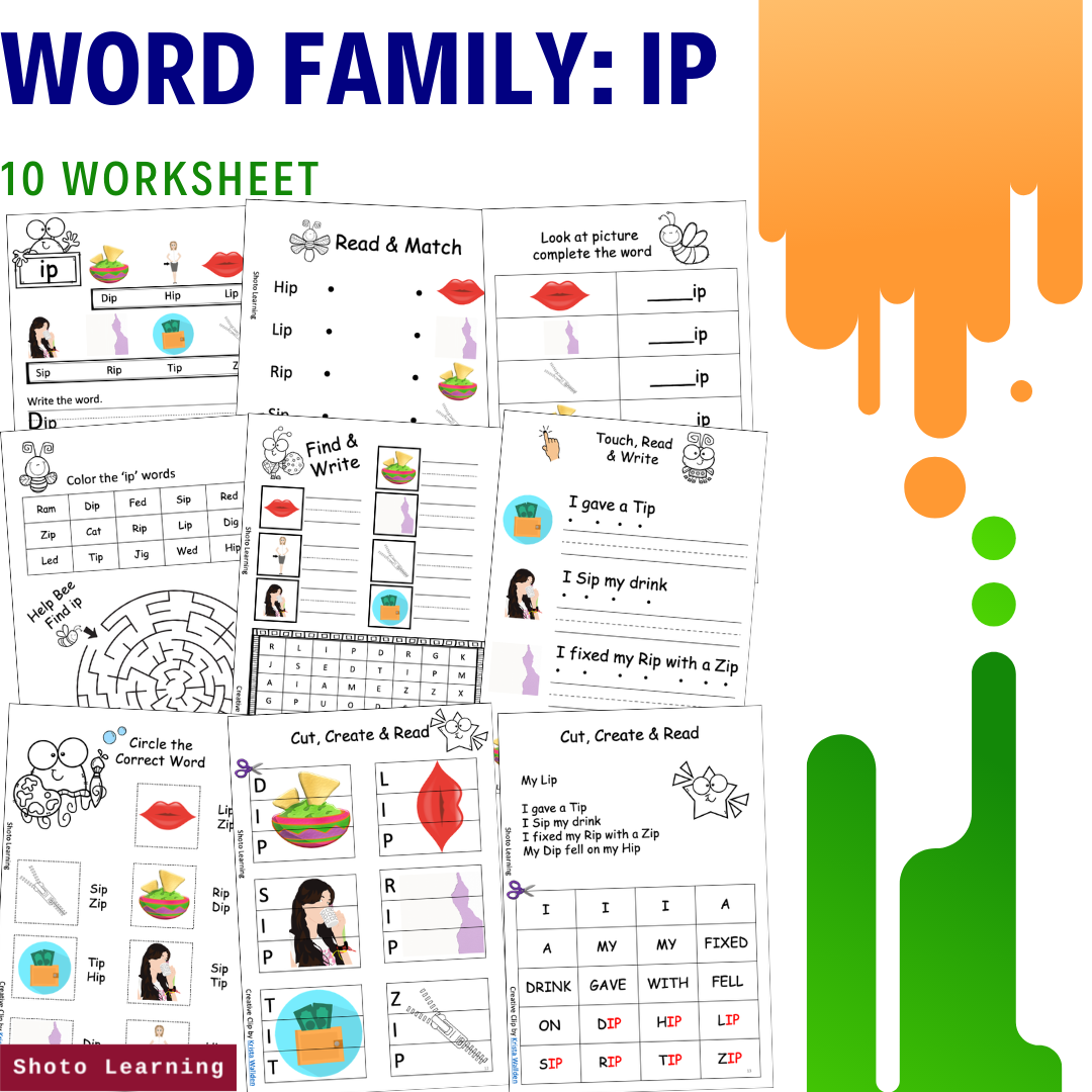 IP WORD FAMILY CVC BLEND WORKSHEET - SPEAKING READING & WRITING 3 ...