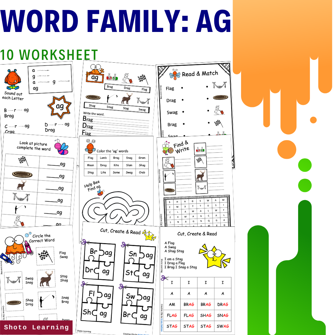 AG WORD FAMILY CVC BLEND WORKSHEET SPEAKING READING AND WRITING 4 ...