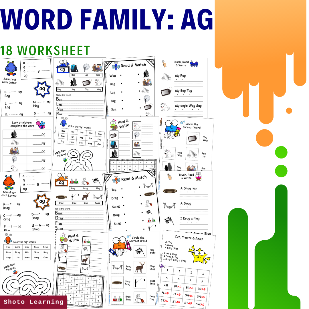 AG WORD FAMILY CVC BLEND WORKSHEET SPEAKING READING WRITING 3 & 4 ...