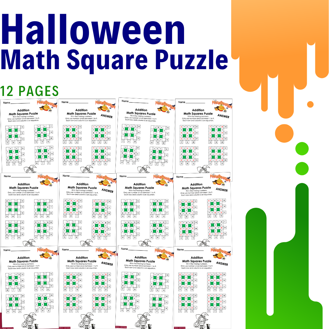 HALLOWEEN Division Addition Math Square Puzzle Game Divide Activities ...