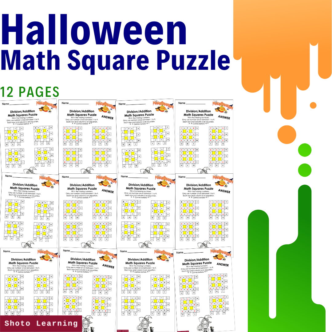 HALLOWEEN Division Addition Math Square Puzzle Game Divide Activities ...