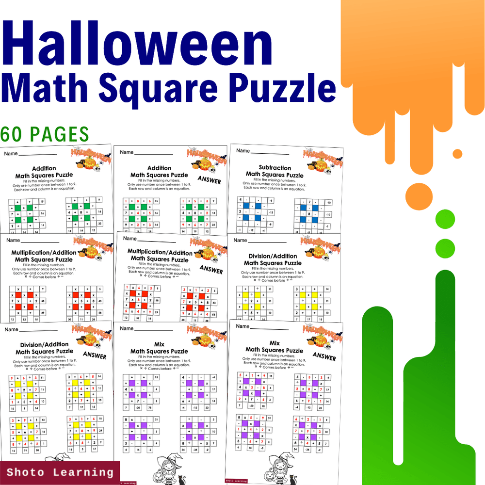 HALLOWEEN Division Addition Math Square Puzzle Game Divide Activities ...