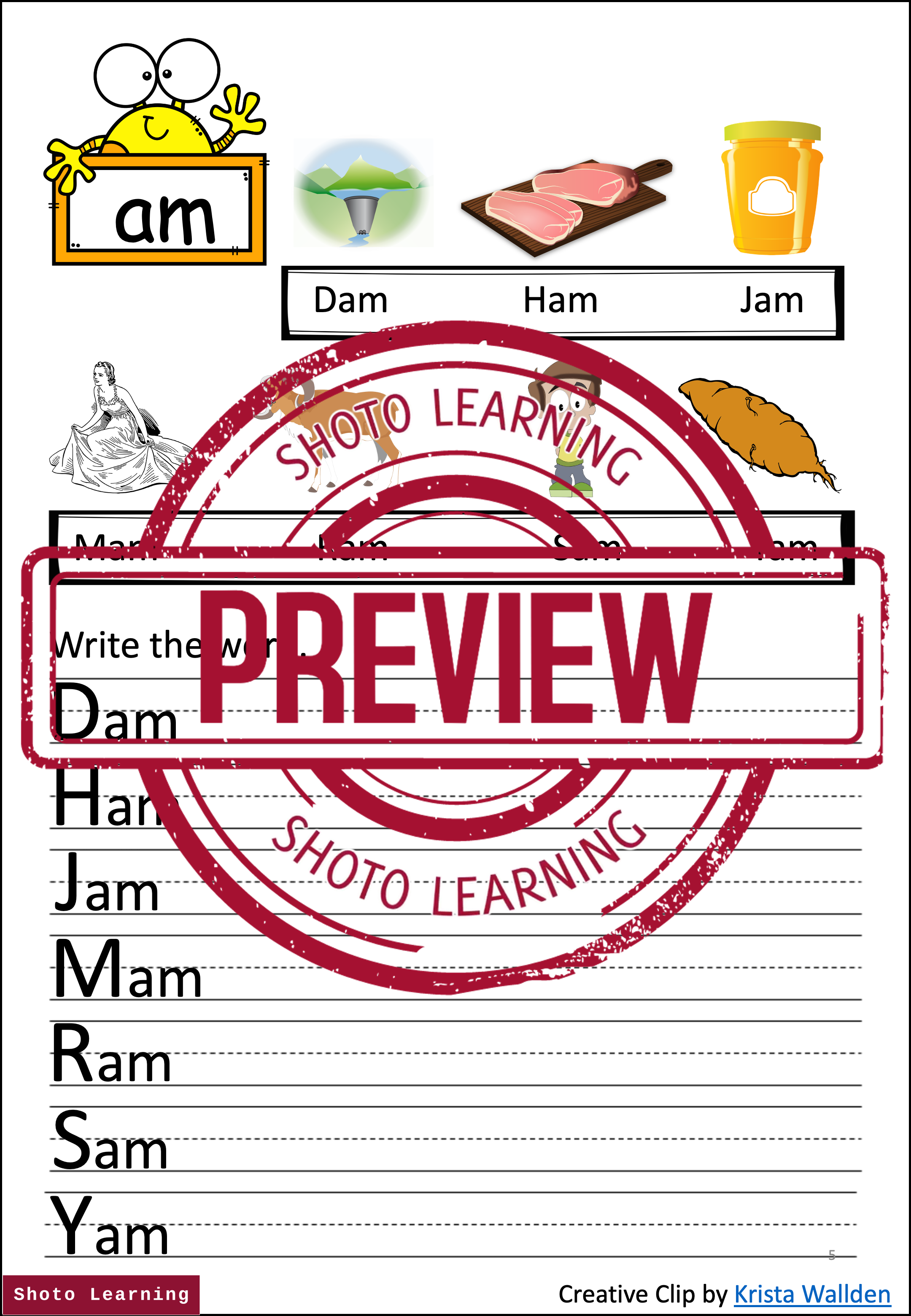 AM WORD FAMILY CVC BLEND WORKSHEET SPEAKING READING WRITING 3 & 4 ...