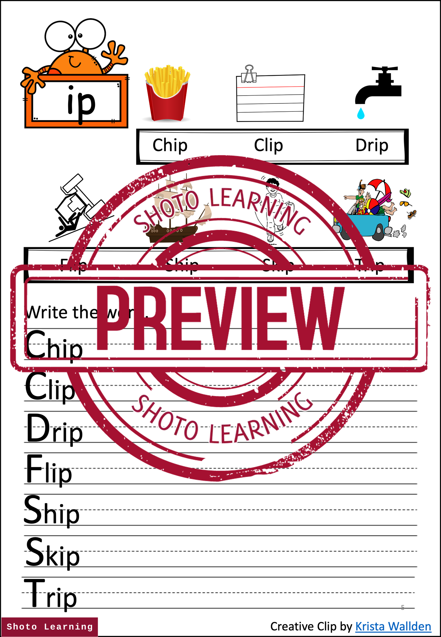 IP WORD FAMILY CVC BLEND WORKSHEET SPEAKING READING WRITING 3 & 4 ...