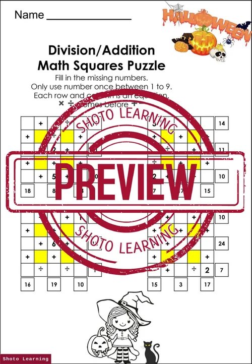 HALLOWEEN Division Addition Math Square Puzzle Game Divide Activities ...