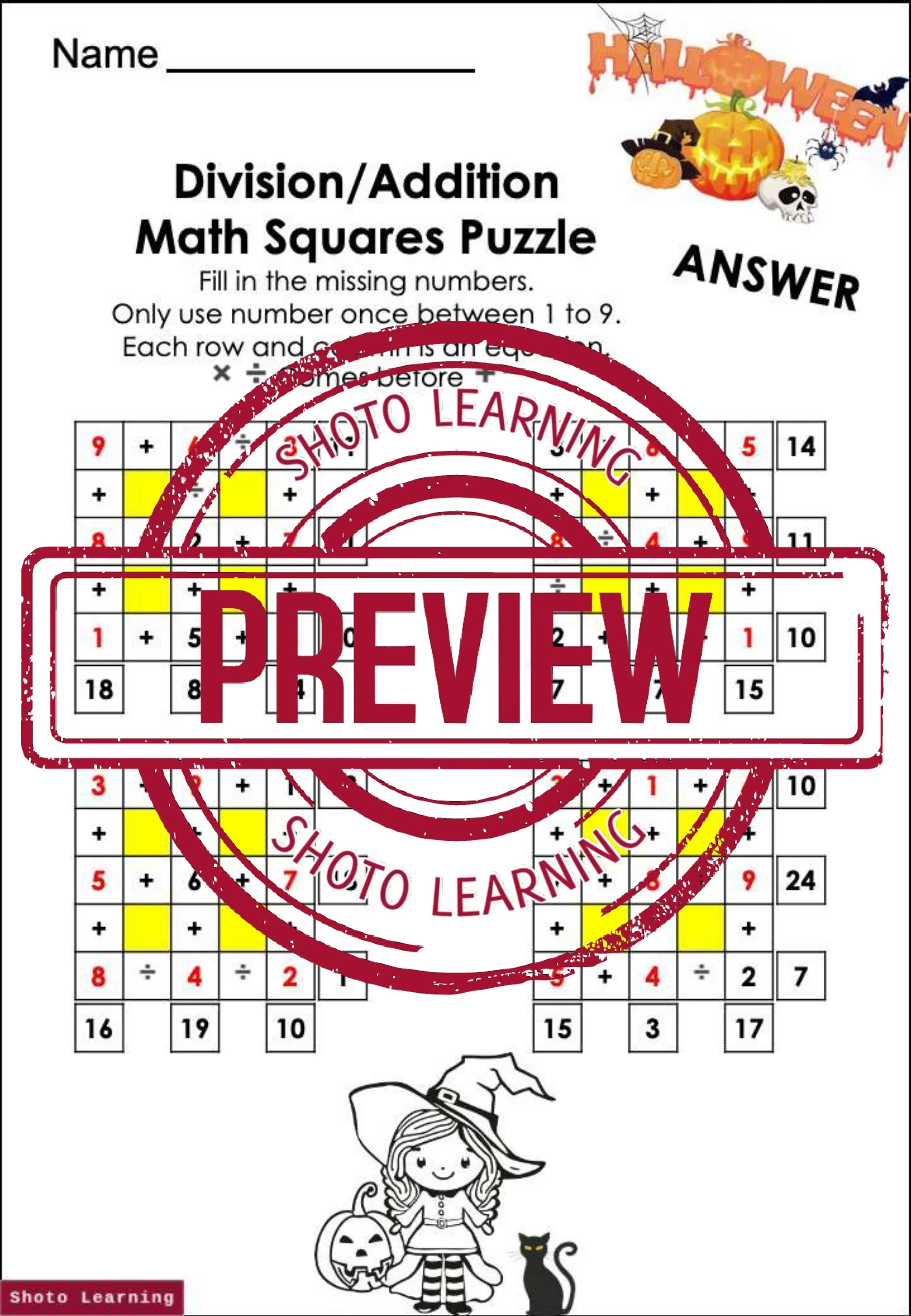 HALLOWEEN Division Addition Math Square Puzzle Game Divide Activities ...